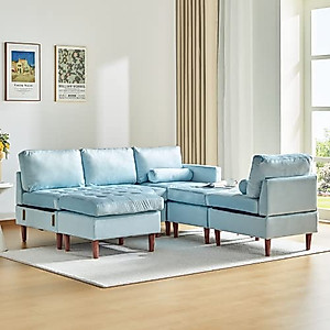 ORRD U-Shape Convertible Sectional Sofa, Modular Sleeper Couch Chaise Modern 6 Seater Velvet Sofa for Living Room, Bedroom, Apartment (Light Blue)