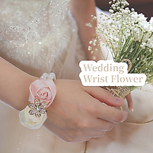 AUNMAS 2pcs Wedding Wrist Corsage, Girl Bridesmaid Groomsmen Hand Flower Faux Pearl Bead Corsage, Flower Bracelet Wedding Prom Party Decorations (White+)