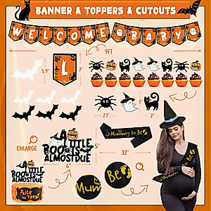 Our Little Boo is on the Way Baby Shower Decorations,Halloween Baby Shower Decorations for Boy Kit Backdrop Backdrop Banner Cake Cupcake Topper Tablecloth Spider Web for Baby Boy Shower Halloween