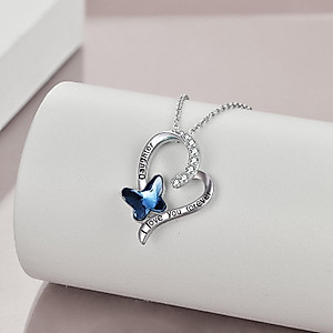 POPLYKE Daughter Necklace Gifts for Daughter Birthday from Mom Dad Sterling Silver with Blue Butterfly Crystal Heart Necklace, Christmas Valentine's Gifts for Women Girls (silver-daughter)