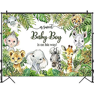 Mocsicka Safari Baby Shower Backdrop Jungle Animals Baby Shower Background Zoo Animals Boy Baby Shower Party Cake Table Decoration Banner (7x5ft)