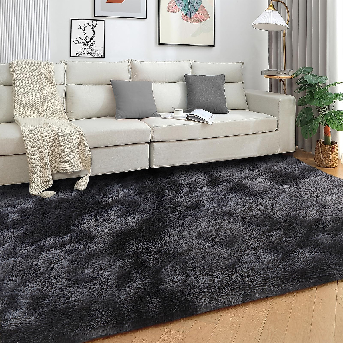SOANNY Dark Grey Area Rugs for Living Room Bedroom, 4x6 ft Tie-Dyed Shag Lounge Carpet, Fluffy Plush Soft Throw Rug for Kids Room Nursery Indoor Furry Floor Carpets Home Decor