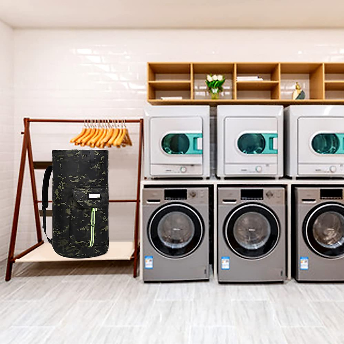 SUOVOCK laundry bag backpack, extra-large heavy duty laundry bags, laundry backpack for college students,Designed with reflective strips and ID Patches（Black CP）