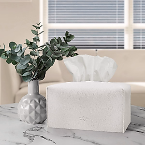 Carrotez Tissue Box Cover, [Refined] Modern PU Leather Rectangular Tissue Box Holder - Decorative Holder/Organizer for Bathroom Vanity Countertop, Night Stands, Office Desk 9.5"X5"X5" - White