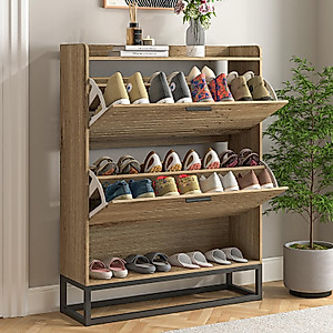 VERYKE Shoe Cabinet for Entryway,Slim Hidden Shoe Storage Cabinet with 2 Flip Hollowed Drawers, Wood Narrow Shoe Organizer Cabinet with Bottom Cubby and Metal Leg for Hallway,Closet