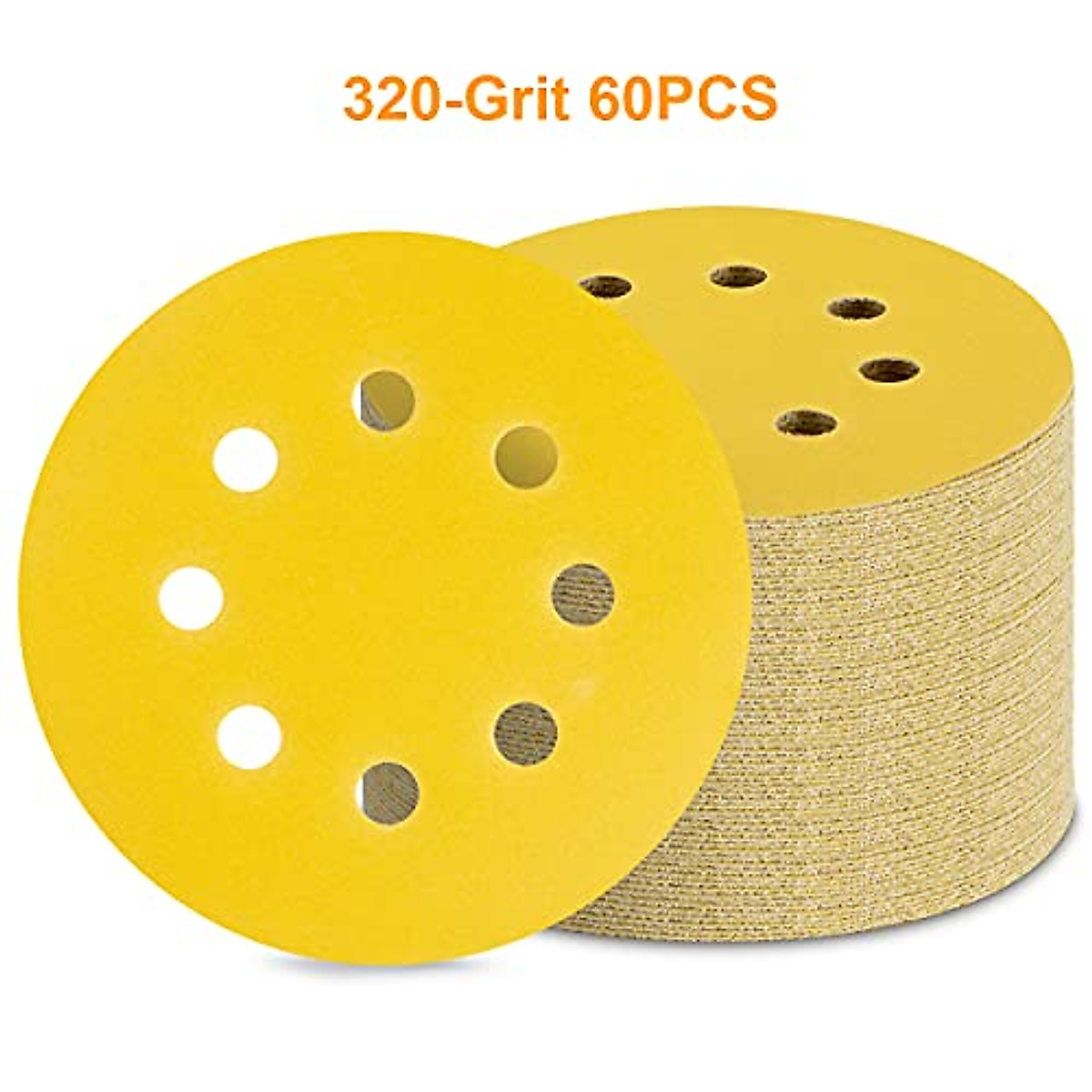 60 PCS 320 Grit Sandpaper Sanding Disc 5 Inch 8 Hole Hook and Loop Gold Sanding Discs for Random Orbital Sander