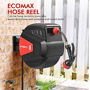 Ecomax ELG01 1/2in. x 100ft Garden Hose Reel, Retractable Reel Storage with Any Length Lock, Slow Return System, 9 Patterns Adjustable, Wall-mounted & 180° Swivel Bracket for Watering, Black & Red