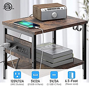 HEZI End Table with Charging Station & USB Ports, 3-Tier Side Table with PD 20W USB C for Living Room Study Bedroom,Narrow Sofa Table Bedside Table with Storage Shelf,Small Nightstand, Brown