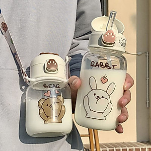 BXCNCKD Kawaii water bottle cute water bottle with straw glass safety water bottle portable strap water bottle(Bunny,500ml)