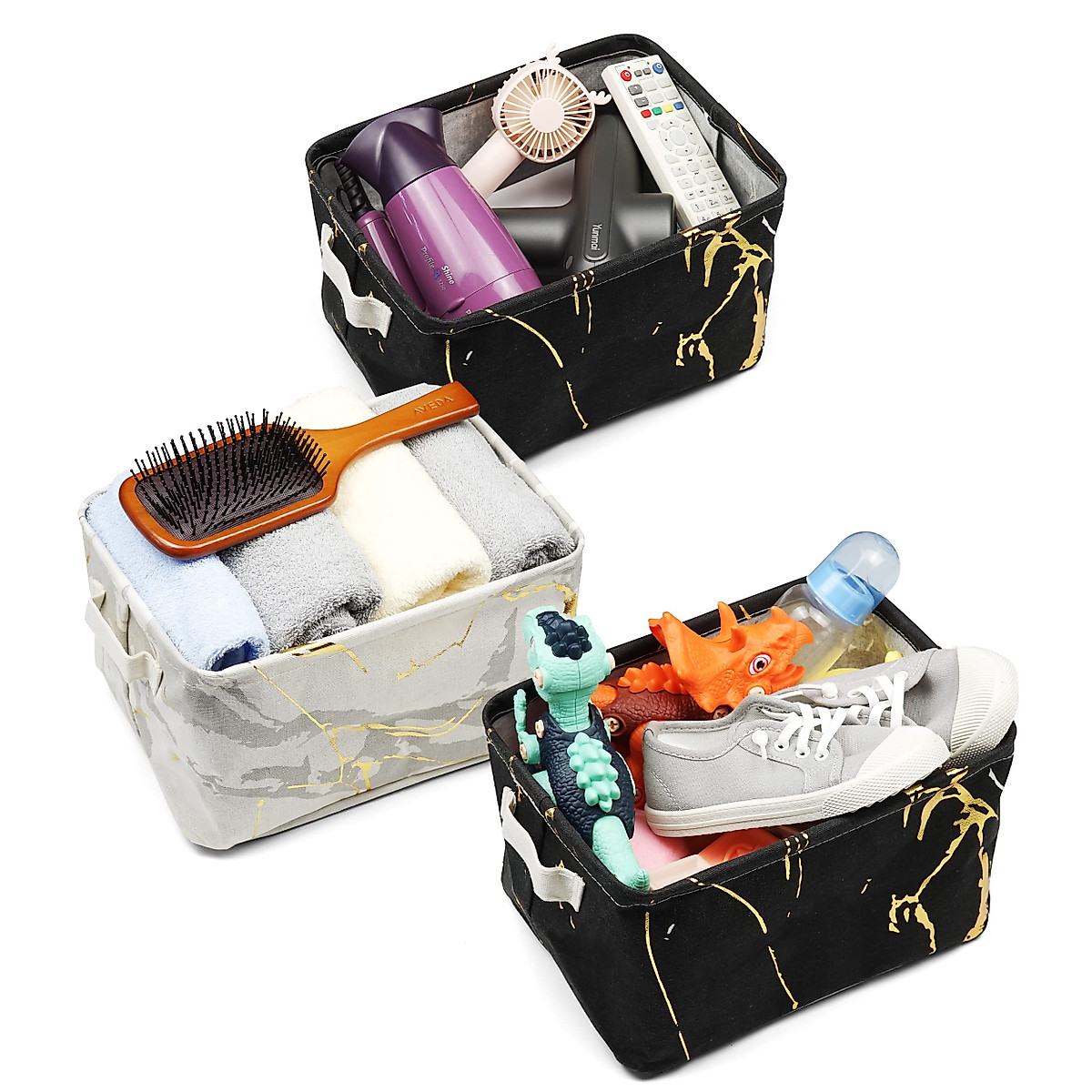 6 Pcs Storage Basket Foldable Cube Fabric Bins Square Mini Box Receive Organizer Rectangle Canvas with Handles for Nursery Home Office Kids Toys Books Small 11x8x6.3 inch Marble White