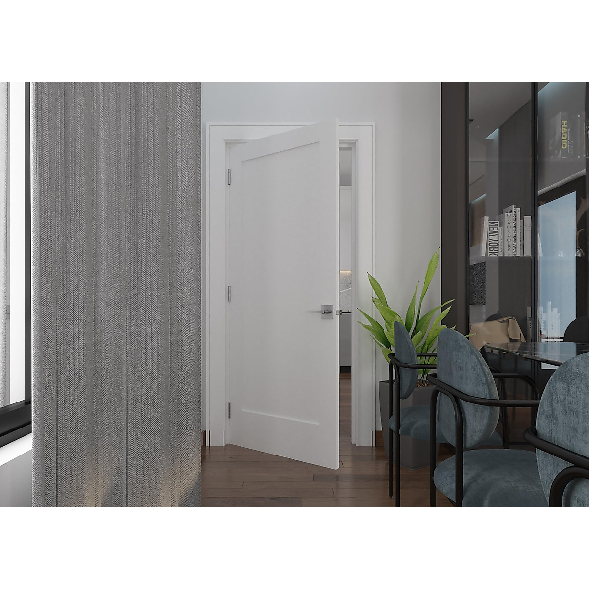 24 in. x 80 in. Right-Handed Solid Core Pre-Hung Interior Door White Primed Smooth Texture Single Panel with Black Hinges