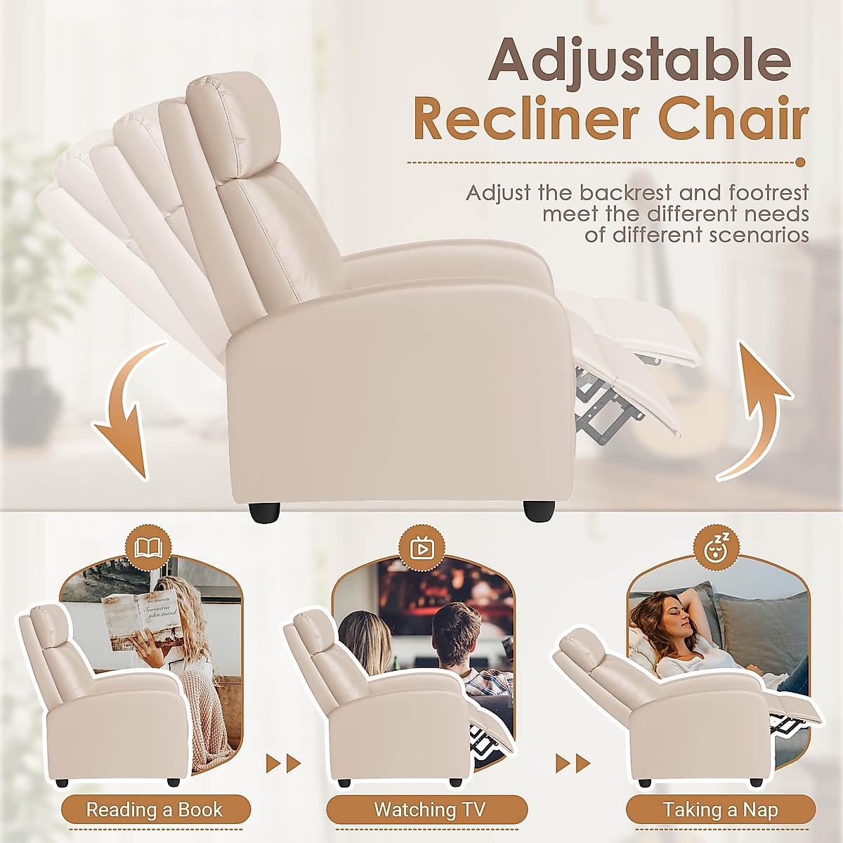Rankok Recliner Chair Modern PU Leather Reclining Chair Ergonomic Adjustable Recliner for Living Room Home Theater Seating Single Sofa (Beige)