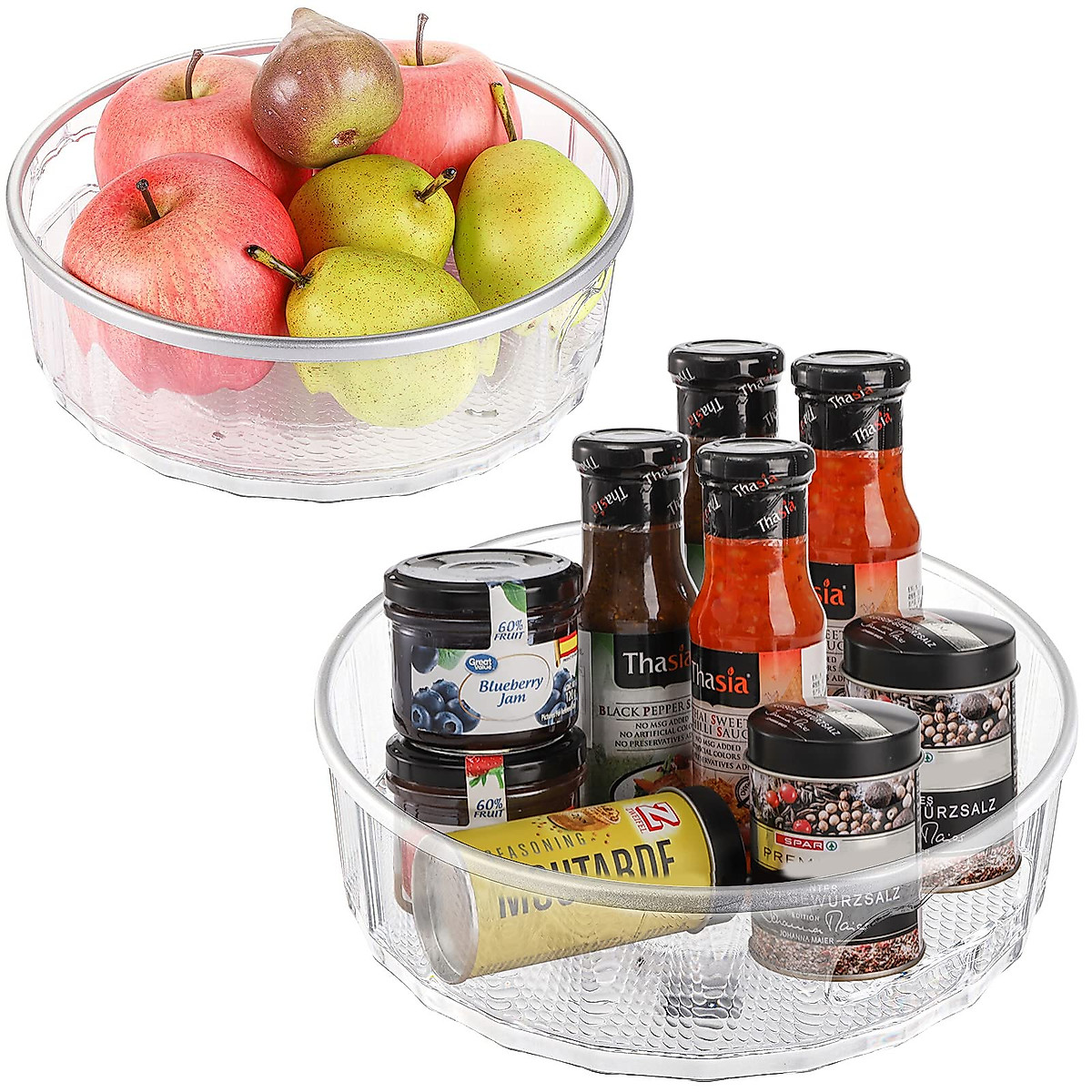 Hedume Set of 2 Lazy Susan Turntable with Handle, Basics Plastic Kitchen Turntable, Multifunctional Spice Racks Organizer, 360 Degree Rotating Food Storage Container for Refrigerator or Countertop