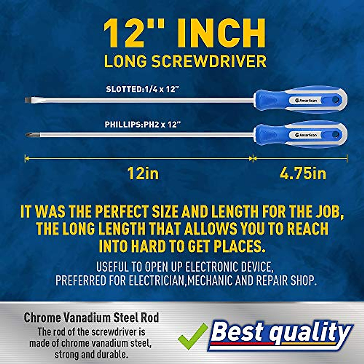 Amartisan 2-Piece 12'' long Screwdriver Set, Long Blade Screwdriver Set 12-Inch Magnetic Screwdriver, Phillips & Slotted Bits .（NEW）