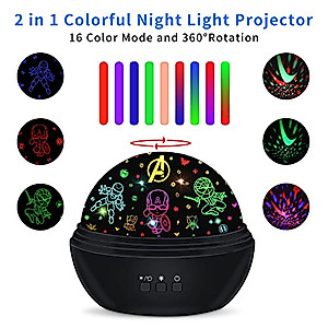 Night Light Projector for Kids Superhero Toys for Boys, 360 Degree Rotation Baby Night Lights with Super Hero Figures and Star Theme, Birthday Party Festival Decor(Black)