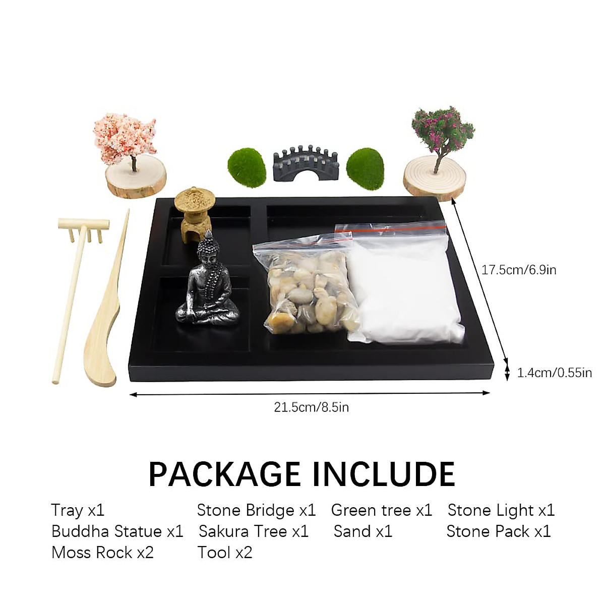KVMORZE Zen Garden Kit, Japanese Zen Garden with White Sand, 2 Tools, 8 Zen Accessories, Tabletop Meditation Zen Garden for Home, Office, Yoga Decor, Gifts for Relaxation and Meditation, 8.5x6.9in