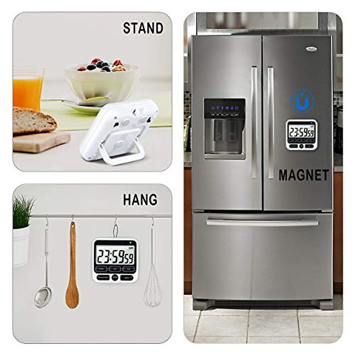 KTKUDY Digital Kitchen Timer with Mute/Loud Alarm Switch ON/Off Switch, 24 Hour Clock & Alarm, Memory Function Count Up & Count Down for Kids Teachers Cooking, Large LCD Display, Strong Magnet (Black)