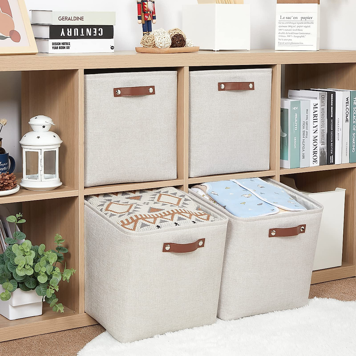 HNZIGE 13x13x13 Cube Storage Bins, Fabric Storage Cubes Baskets for Shelves, Set of 4, Cube Storage Baskets with Handles Foldable Storage Baskets for Organizing Clothes, Toys, Closet, Nursery(Cream)