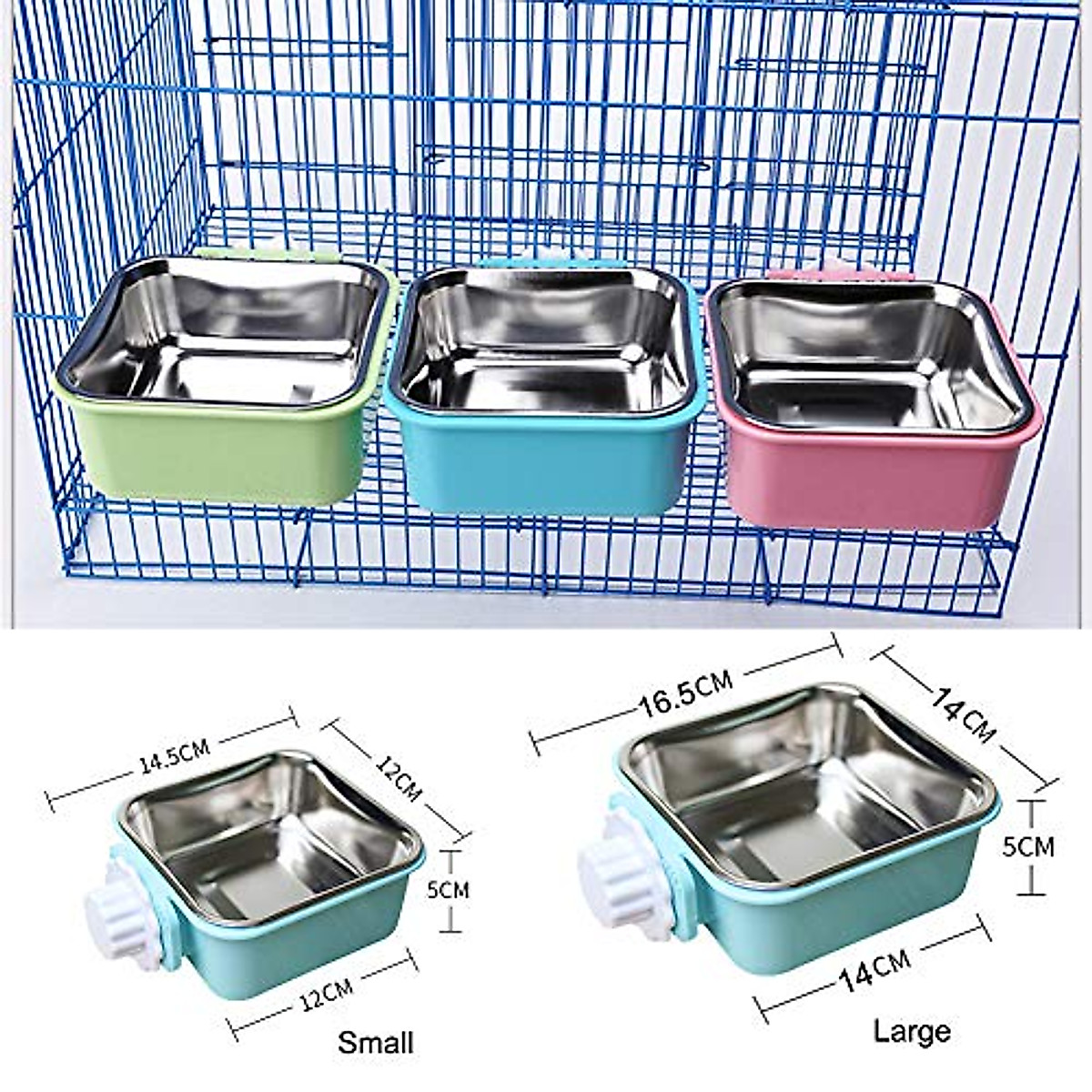 Crate Dog Bowl, Removable Stainless Steel Water Food Feeder Bowls Hanging Pet Cage Bowl Cage Coop Cup for Dogs Cats Puppy Rabbits Bird and Small Pets (Samll (Pack of 1), Square Green)