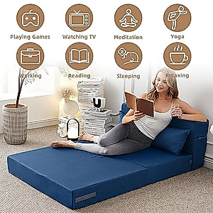 FILUXE Convertible Folding Sofa Bed - Sleeper Chair with Pillow, Modern Linen Fabric Floor & Futon Couch, Foldable Mattress for Living Room/Dorm/Guest/Home Office/Apartment,Standard Size, Navy Blue