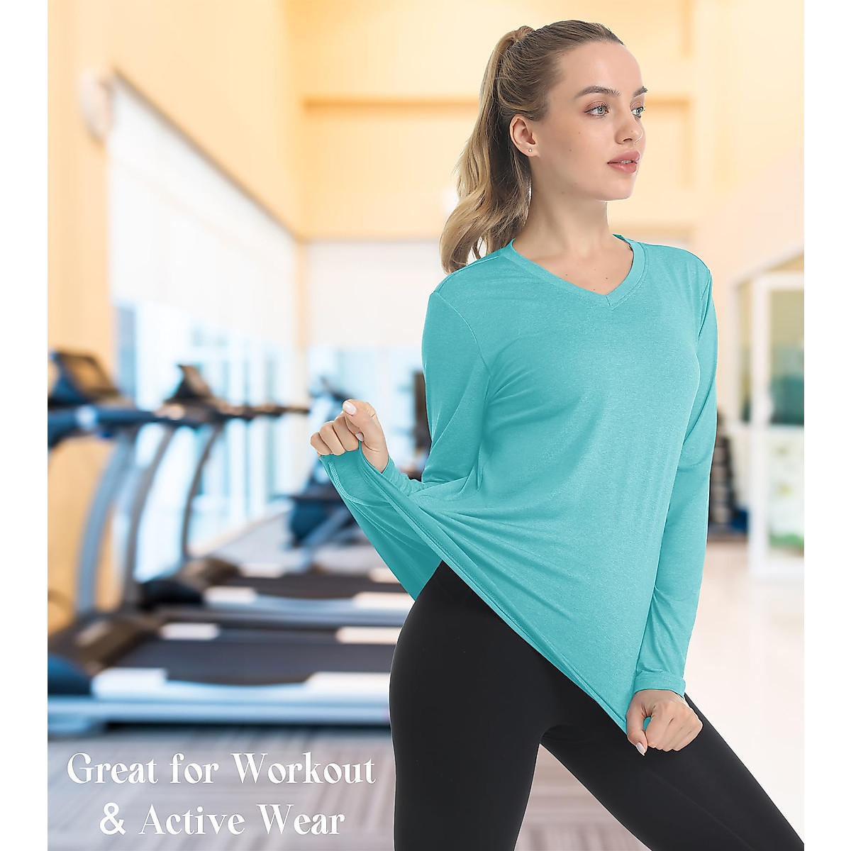 EKLENTSON Women Long Sleeve Workout Shirts UV Protection Shirt V-Neck Active Tops Casual Sports T-shirts Quick Dry Activewear Shirt Light Green