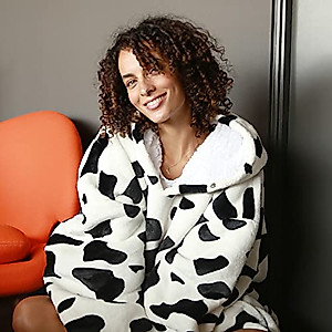 Catalonia Cow Print Full Body Blanket Hoodie Sweatshirt, Extra Long Oversized Comfortable Sherpa Lounging Pullover for Adults, Gift for Her