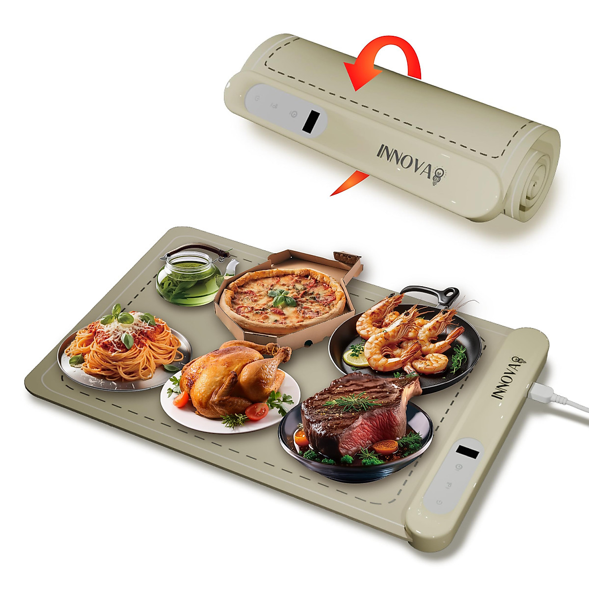 [Latest] Graphene Electric Food Warming Tray - 6 Temperature Settings, High Heat, Latest Model, Portable Silicone Heating Mat. Food Warmer for Parties, Family Gatherings. (Ivory Beige, Large)