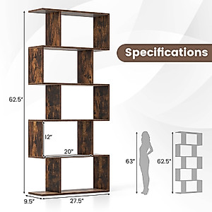 SILKYDRY 5-Tier Geometric Bookshelf, Freestanding Room Divider Bookcase, S-Shaped Decorative Storage Shelving, 62.5" Tall Display Book Shelf for Bedroom, Living Room (2, Rustic Brown)