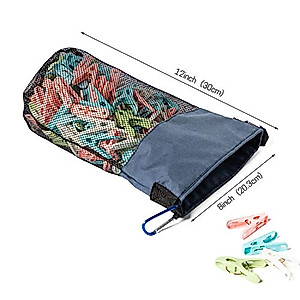 Clothespin Holder Bag Outdoor, Large-capacity Mesh Clothespin Storage Organizer with Hook, Drawstring Closure, Ventilation and machine washable for storing clothes clips, socks and toys
