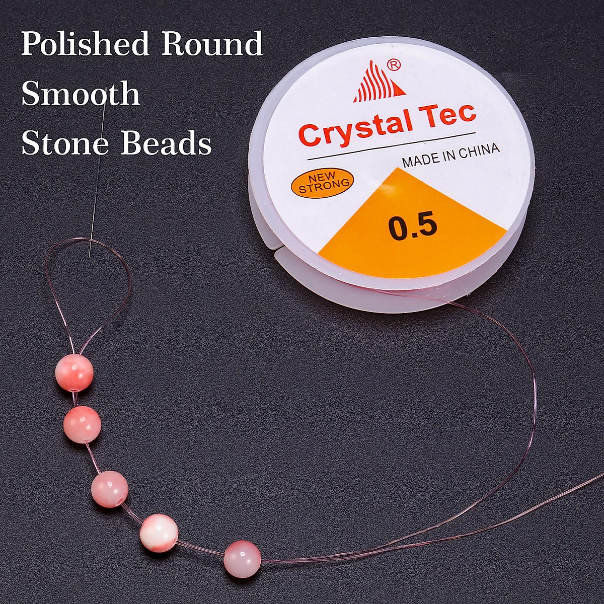 Ecally Natural Gemstone Beads for Jewelry Making, Pink Crystals Marbles Kit,8 mm Marble Beads,45 PCS Round Beads, Crystal Beads for Bracelets Making Bead Cord Needles, Adult (Pink White)