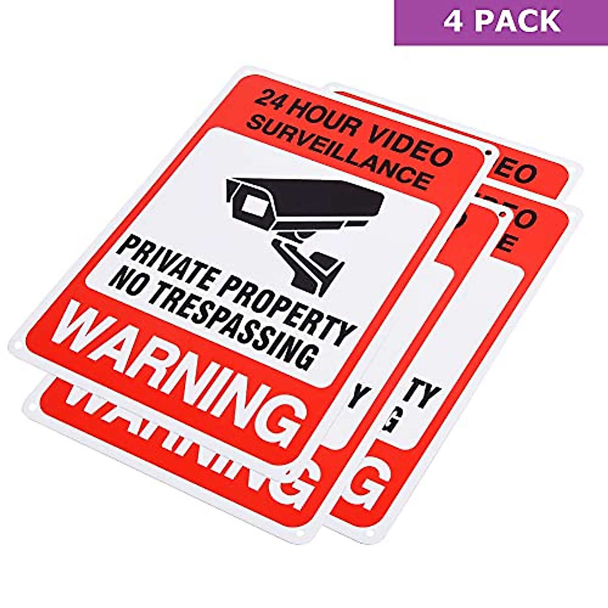 Olodeer 4 Pack Private Property No Trespassing Warning Sign,10x7 Inches 0.4 Aluminum Anti-Rust, 24 Hours Video Surveillance Warning Signs Outdoor Use