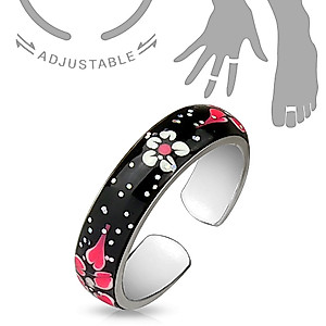 Adjustable Toe or Mid Ring Sparkle Enamel Painted Flowers (Black Enamel)