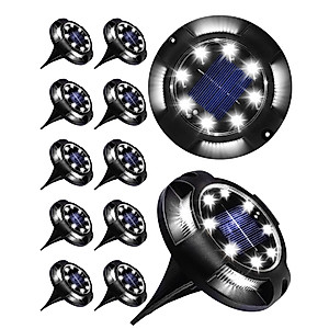 K.E.J. Solar Ground Lights Outdoor 12 Led Disk Lights Garden Lights Solar Powered Waterproof In-Ground Outdoor Landscape Lighting for Patio Pathway Lawn Yard Deck Driveway Walkway (12 Pack)