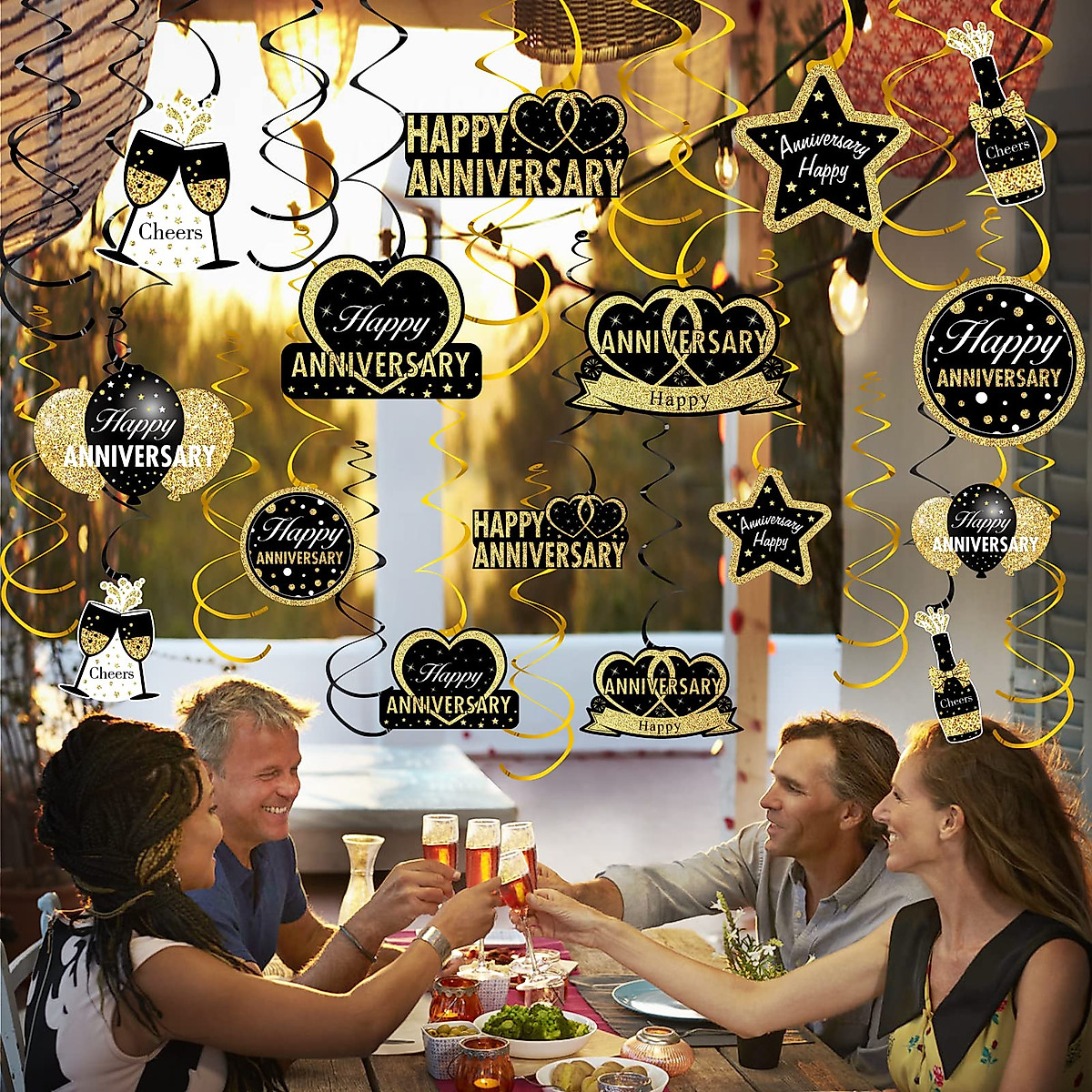 Luxiocio 30Pcs Happy Wedding Anniversary Hanging Swirls Decorations, Black Gold Anniversary Theme Hanging Sign Party Supplies, 10th 20th 25th 30th 40th 50th 60th Anniversary Party Ceiling Decor