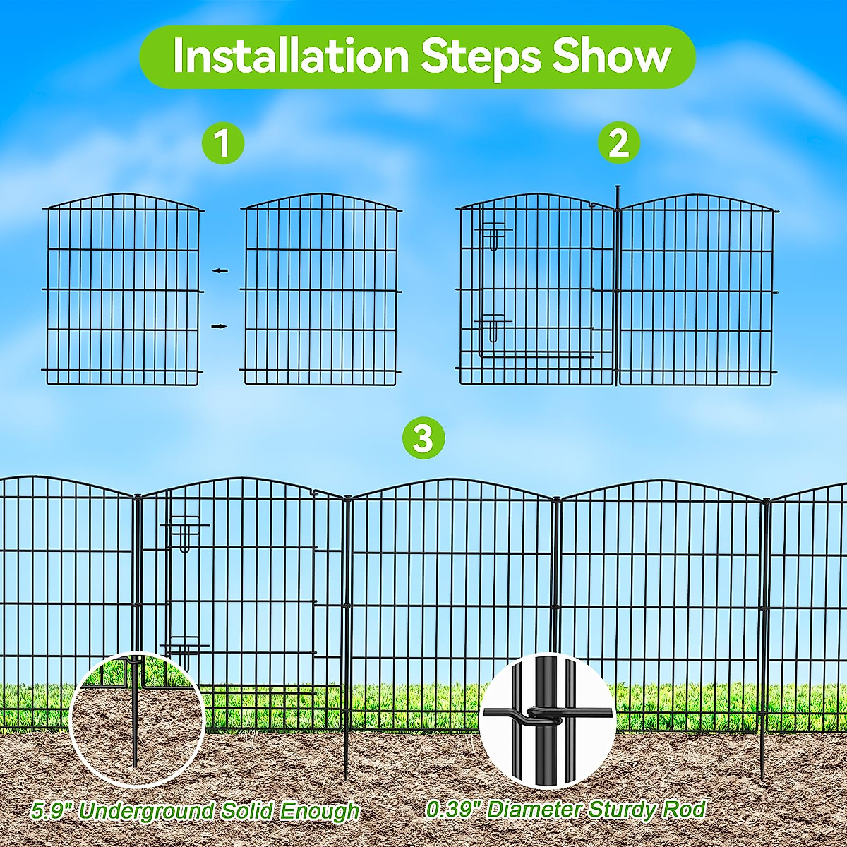 INJOPEXI Decorative Garden Fence 6 Panels 11.8ft (L)×30in (H) Garden Fence No Dig Animal Barrier Fencing with 5 Panels + 1 Gate Rustproof Metal Wire Temporary Dog Fence Border for Patio Outdoor Yard