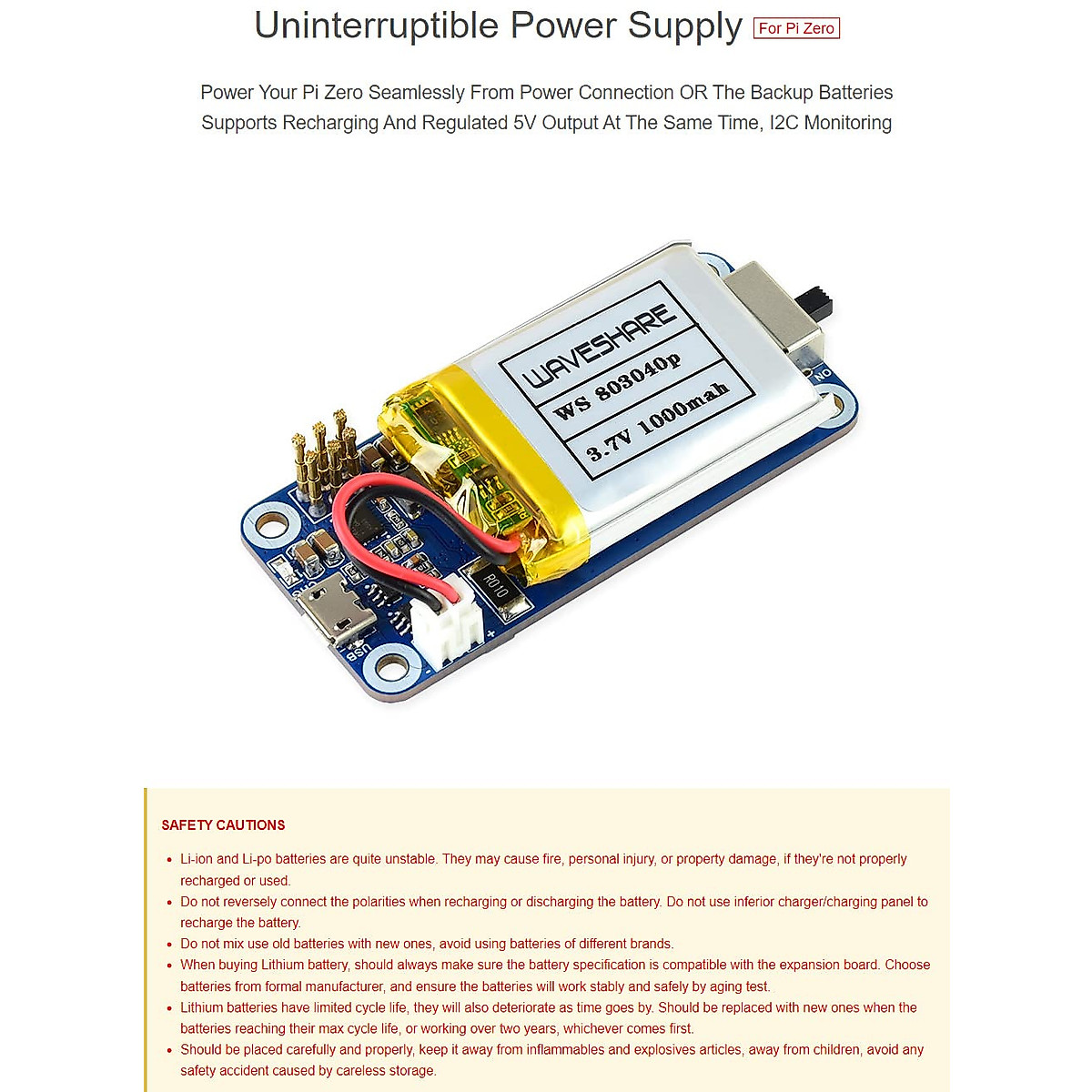 Waveshare UPS HAT (C), Compatible with Raspberry Pi Zero Series Board, 5V Uninterruptible Power Supply Module, Multi Battery Protection Circuits, Without Battery