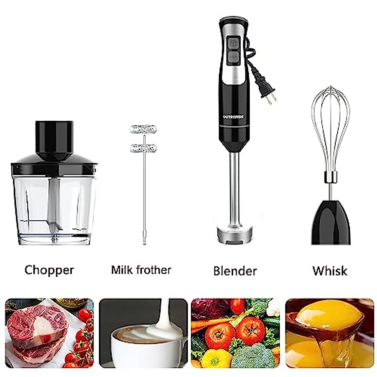 Immersion Blender Handheld, Hand Blender with 500ml Food Chopper, 600ml Container, Milk Frother, Egg Whisk, Puree Infant Food, Smoothies, Sauces and Soups – Black