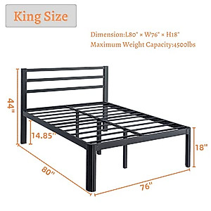 Woozuro King Bed Frame and Headboard, Heavy Duty Metal Platform Bed Frames with Round Corner Leg, No Box Spring Needed, Non-Slip Mattress Foundation, Noise-Free, Easy Assembly, Black