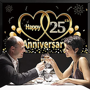 Happy 25th Anniversary Banner Backdrop Decorations - Large 25 Year Wedding Anniversary Party Supplies Décor - Black Gold 25 Anniversary Poster Sign for Outdoor Indoor