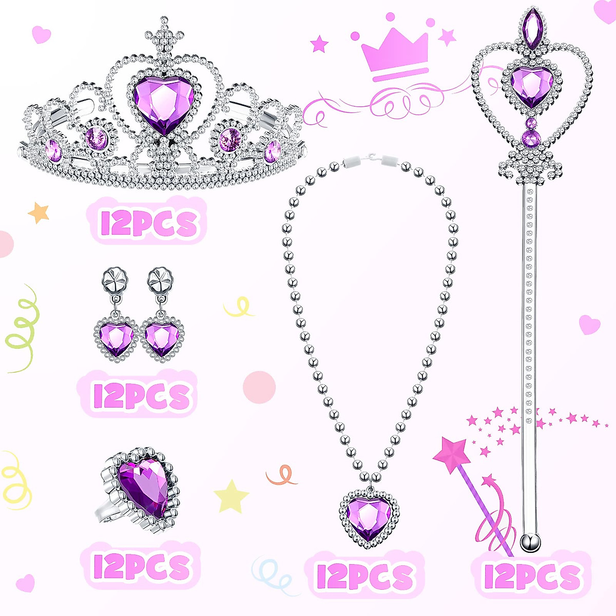 Chunyin 12 Princess Jewelry Toys Princess Pretend Play Set Princess Jewelry Party Favors Costume Jewelry for Girls Dress up Party Favors, Crown Wand Ring Earring Necklace, 4 Colors