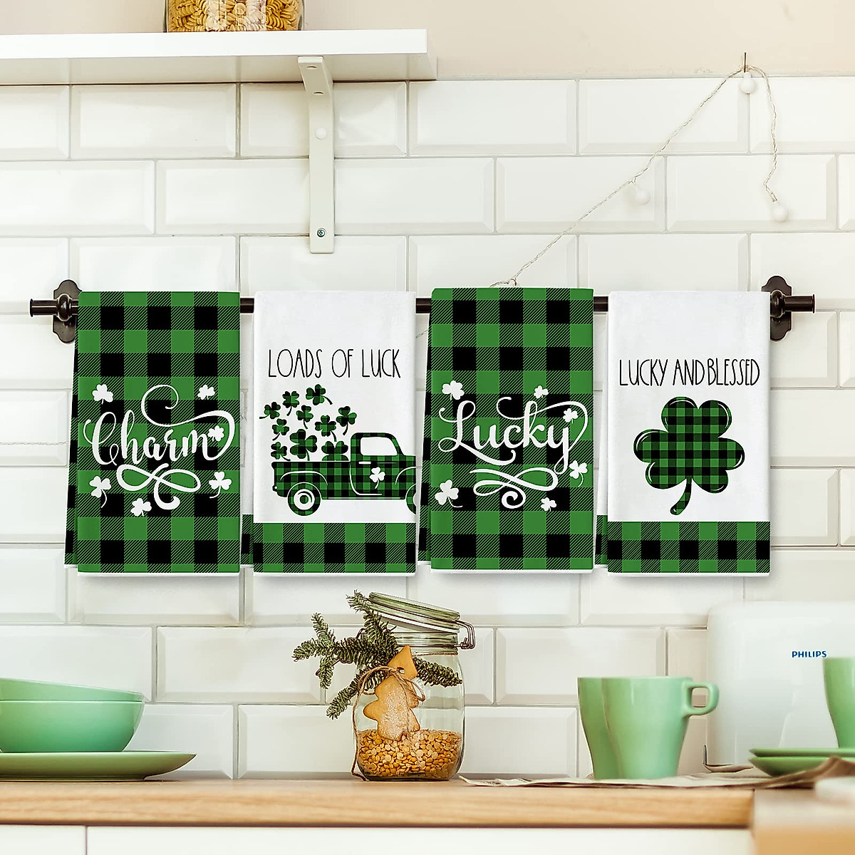 AnyDesign St. Patrick's Day Kitchen Dish Towel Lucky Shamrock Truck Tea Towel Green Black Buffalo Plaids Hand Drying Towel for Cooking Baking Cleaning Wipes, Set of 4. 18 x 28 Inch