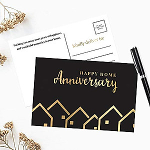 50 Happy Home Anniversary Realtor Postcards, Bulk Blank House Greetings, Real Estate Agent Thank You Notes, Houseiversary Card, Welcome Home Stationery Gifts for Clients (2 Tone Gold Print not Foil)
