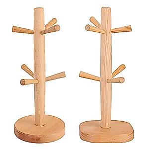 GOJAKO 12" Wooden Mug Holder Tree with 6 Hooks Wood Cup Rack Tea Coffee Bar Organizer Accessories Mug Hanger Stands for Kitchen Counter and Display Dinnerware Storage and Dry (Square Bottom)