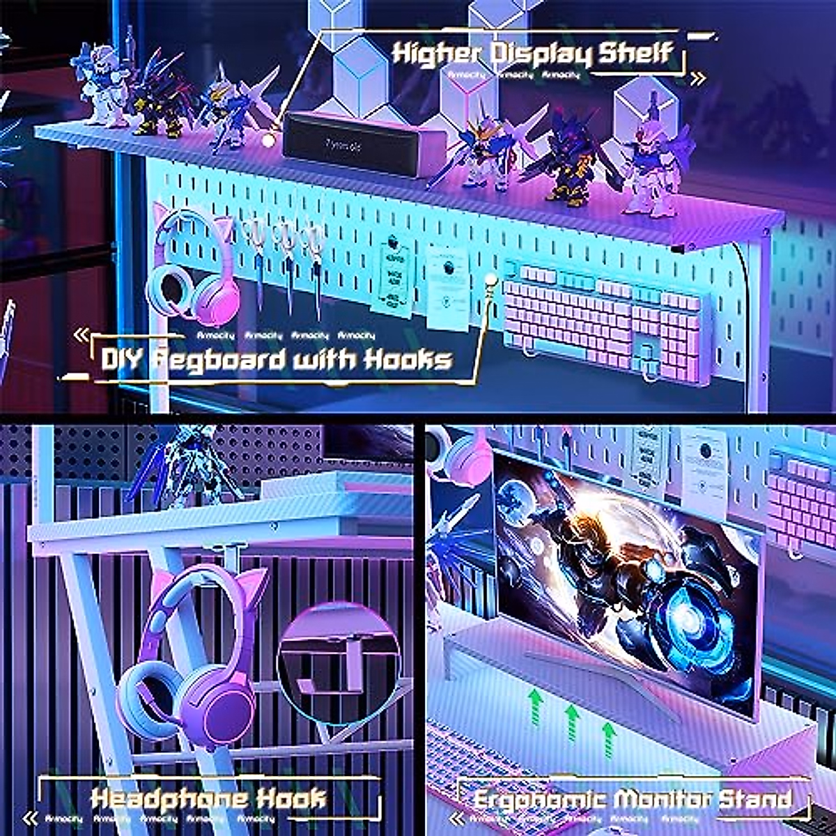 Gaming Computer Desk with Storage Shelves & Z-Shaped Legs, White Gaming Desk with Hutch and LED Lights, Reversible PC Gaming Desk with Pegboard for Bedroom & Small Spaces, Carbon Fiber Surface, 47''