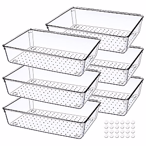 6 Pack Drawer Organizers, Plastic Clear Acrylic Non Slip Non Cracking kitchen drawer organizer Stackable Bathroom Drawer Organizer Trays, Storage Bins for Makeup, Bathroom, Kitchen Office
