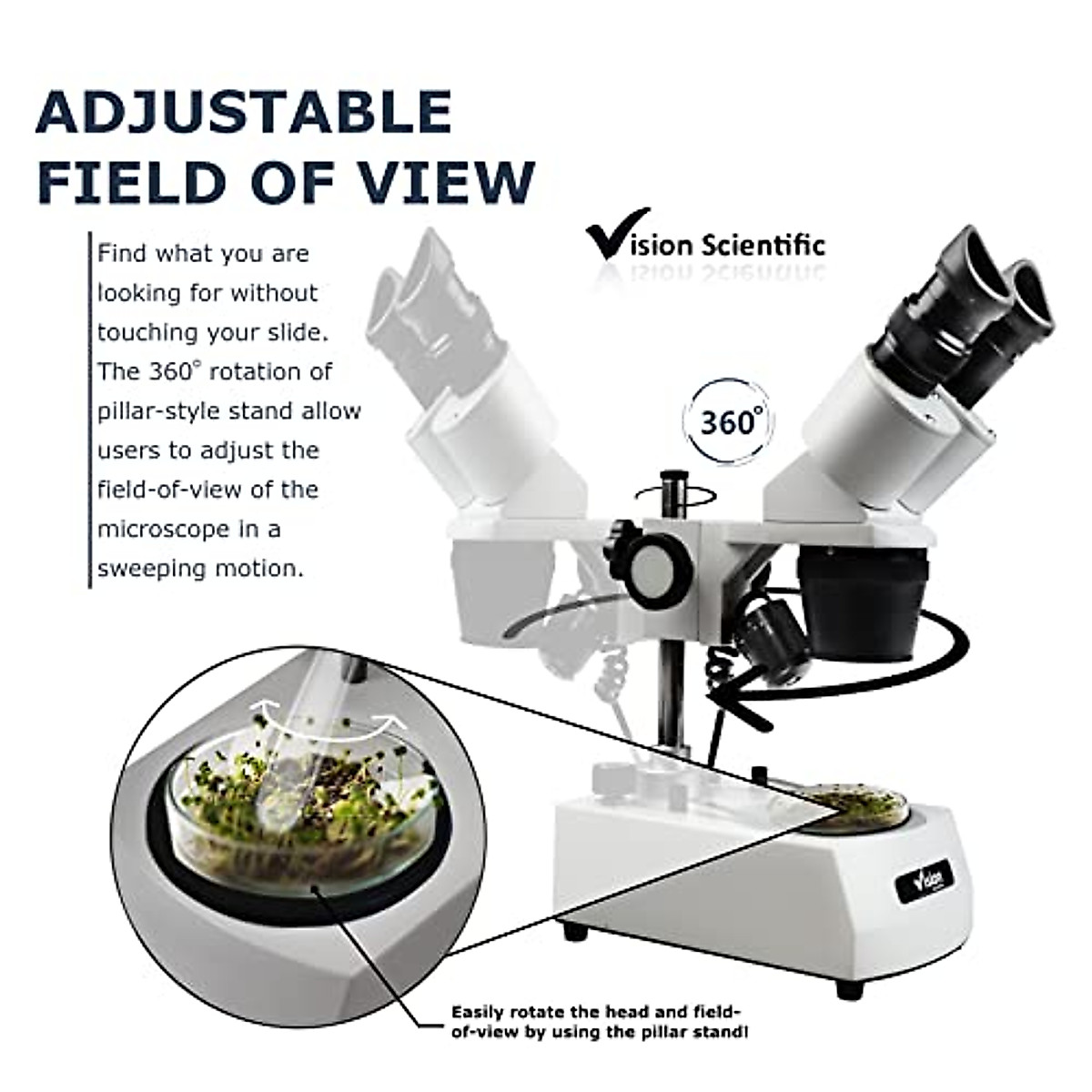 Vision Scientific VMS0002-LD-234-ES2 Binocular Stereo Microscope, WF10x and WF20x Eyepieces, 2X, 3X and 4X Objectives, 20x, 30x, 50x, 60x and 80x Magnification, Top and Bottom LED Illumination, 110V