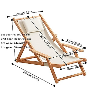 MOOTEK Wood Portable Reclining Beach Chair, 4 Level Height Adjustable Reclining Chairs with Wood Frames and Cushioned Headrest, for Indoor Outdoor Garden, Backyard, Poolside
