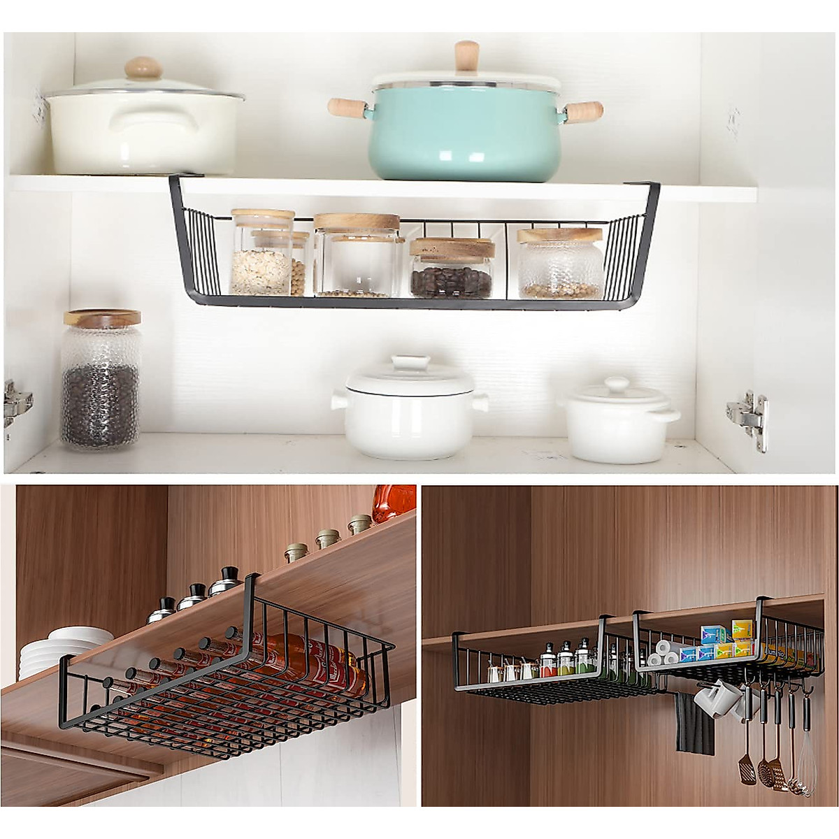 Jibri 2Pcs Under Shelf Storage Basket Black Under Cabinet Shelf Wire Basket Organizer, Under Shelf Storage for Kitchen Pantry Shelf Organizer Desk Bookshelf Cupboard