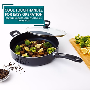 Mirro A79782 Get A Grip Aluminum Nonstick Jumbo Cooker Deep Fry Pan with Glass Lid Cover Cookware, 12-Inch, Black