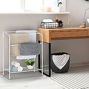 Freestanding Towel Rack White Floor Towel Rack Stand 3 Tier Bath Towel Stand Towel Bar Stand with Shelf Modern Blanket Rack Stand for Living Room Bathroom, Laundry